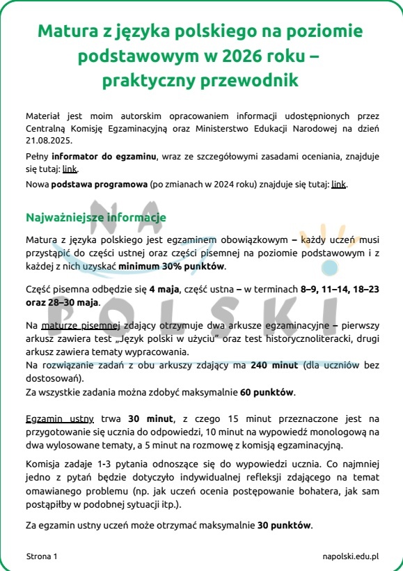 Przewodnik po maturze podstawowej z polskiego w 2026 r. - najważniejsze informacje, opis arkuszy ...